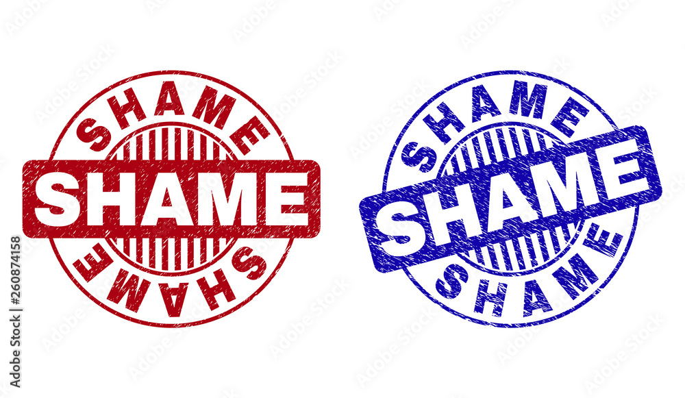 Grunge SHAME round stamp seals isolated on a white background. Round ...