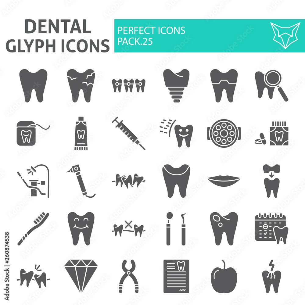 Dental glyph icon set, dentistry symbols collection, vector sketches ...