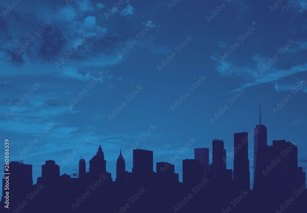 New York City skyline buildings and empty sky in blue Stock Photo ...
