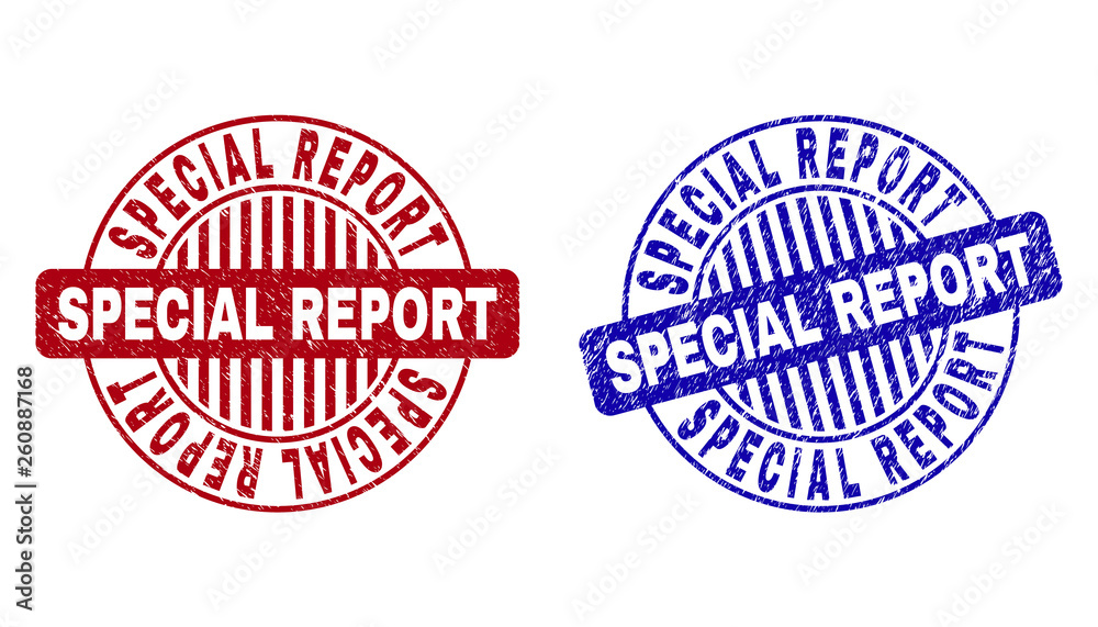 Grunge SPECIAL REPORT round stamp seals isolated on a white background ...