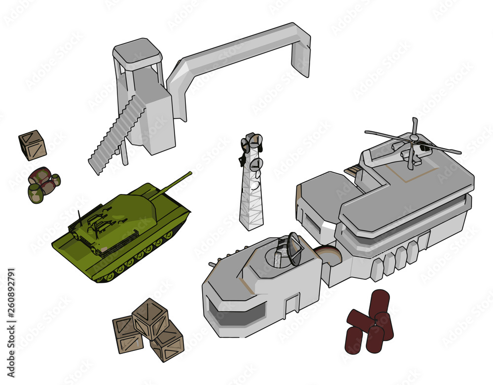 3D vector illustration on white background of a military base Stock ...