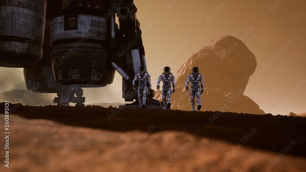 Astronauts walk on the surface of Mars after landing in a rocket ...