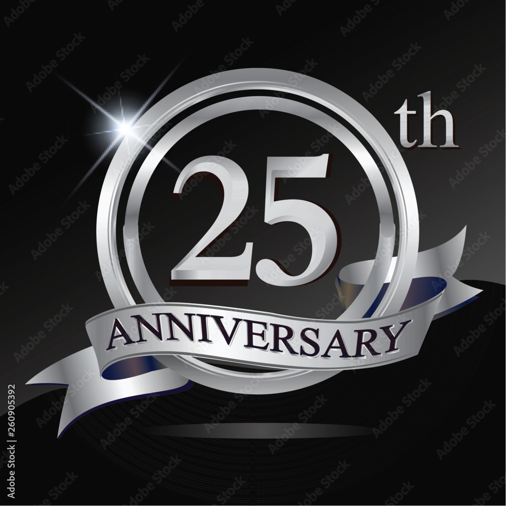 25th anniversary logo with silver ring and ribbon. Vector design ...