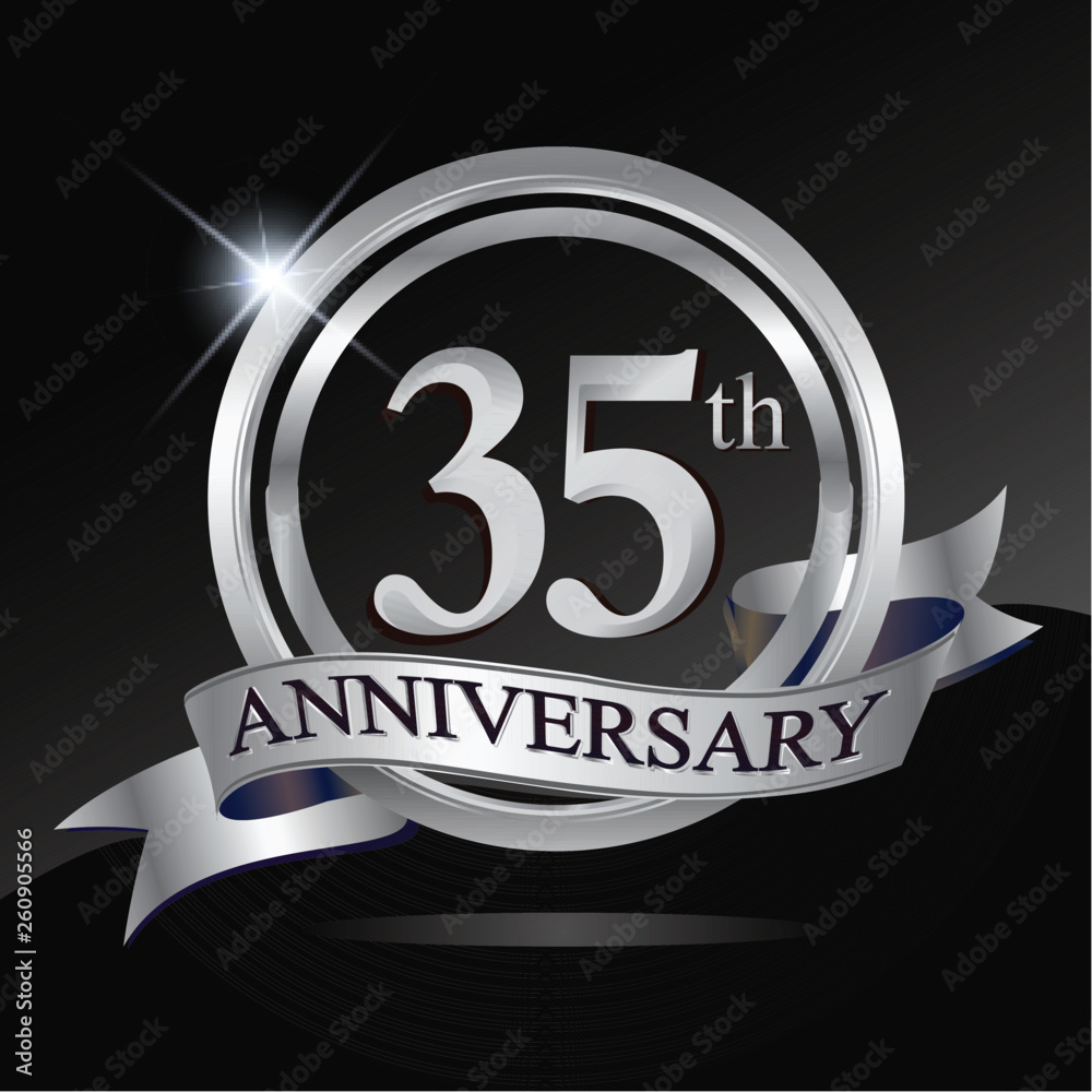 35th anniversary logo with silver ring and ribbon. Vector design ...