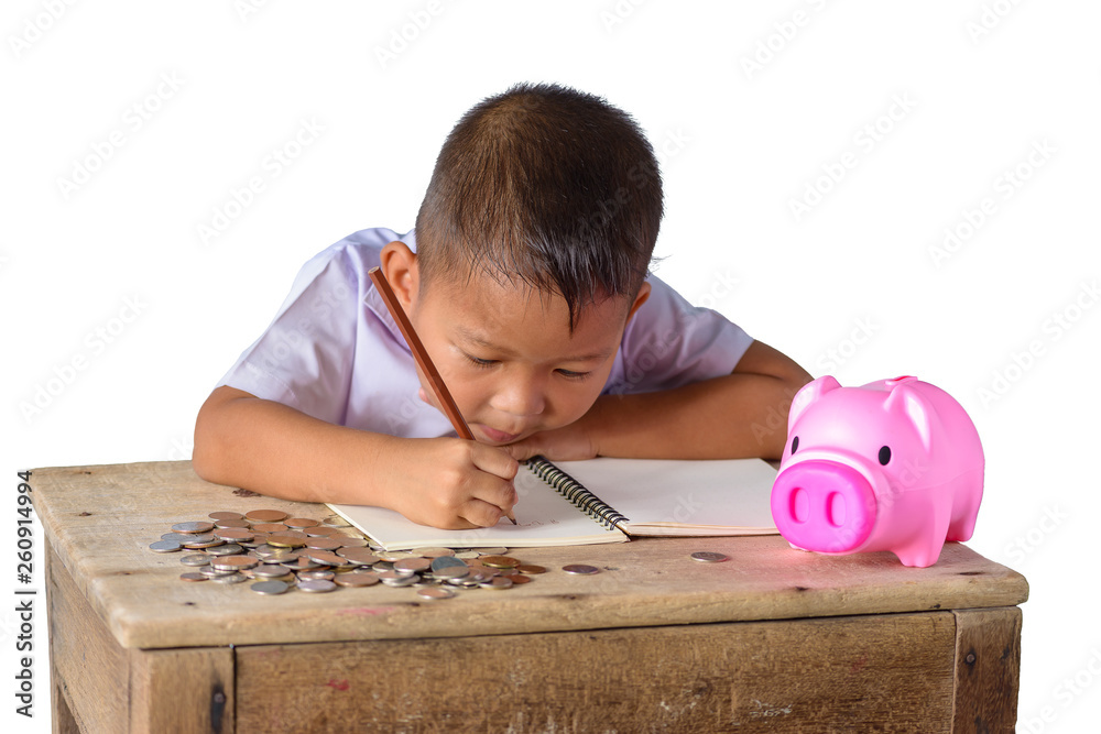 Cute asian country boy Make a note of income receipts and coins with ...