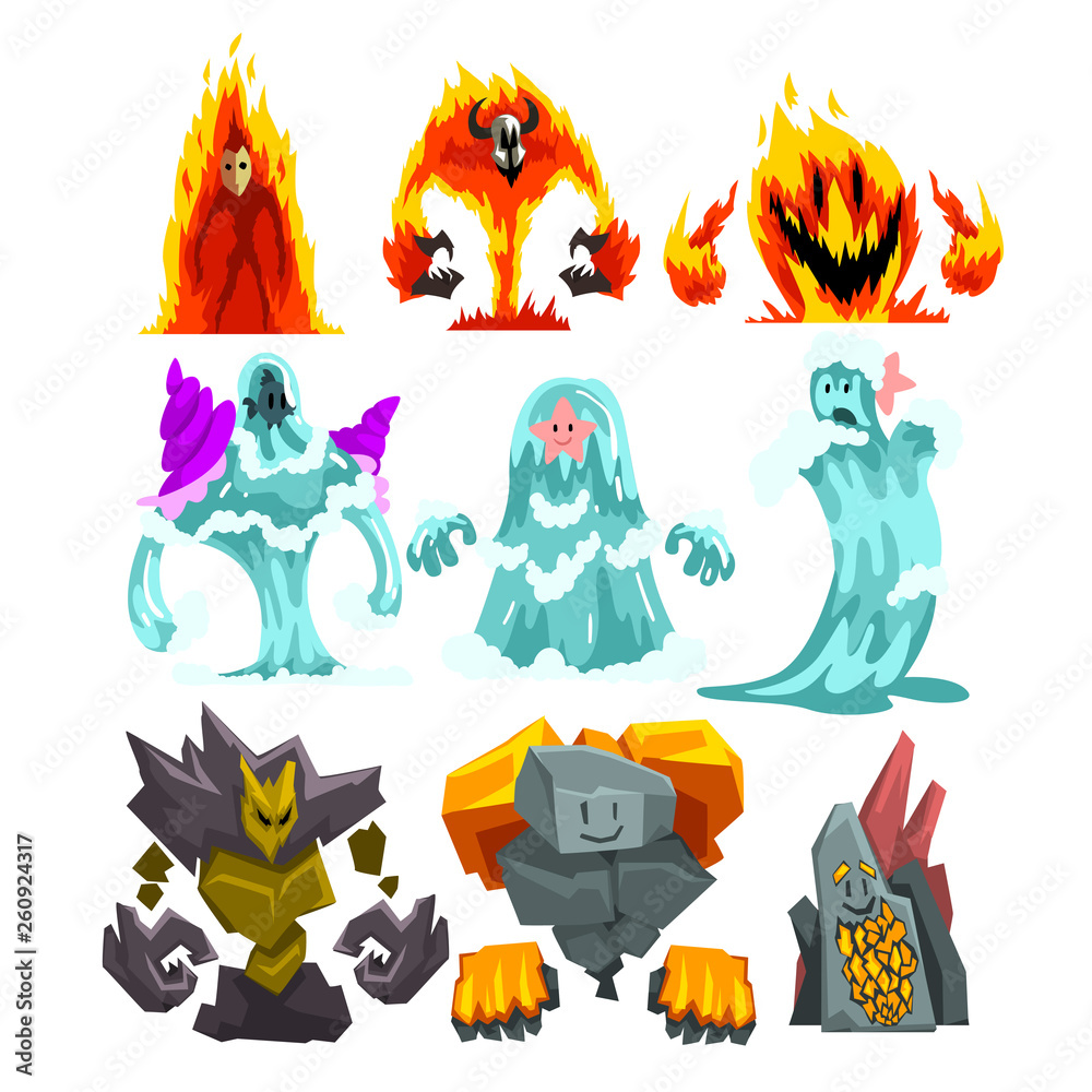 Fire, Stone and Water Monsters Set, Fantasy Mystic Creatures Elementals ...