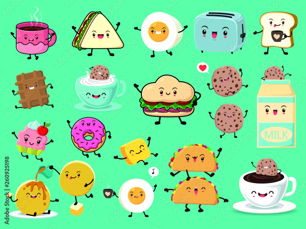 Vintage food poster design set with vector Taco, milk, egg, toaster ...