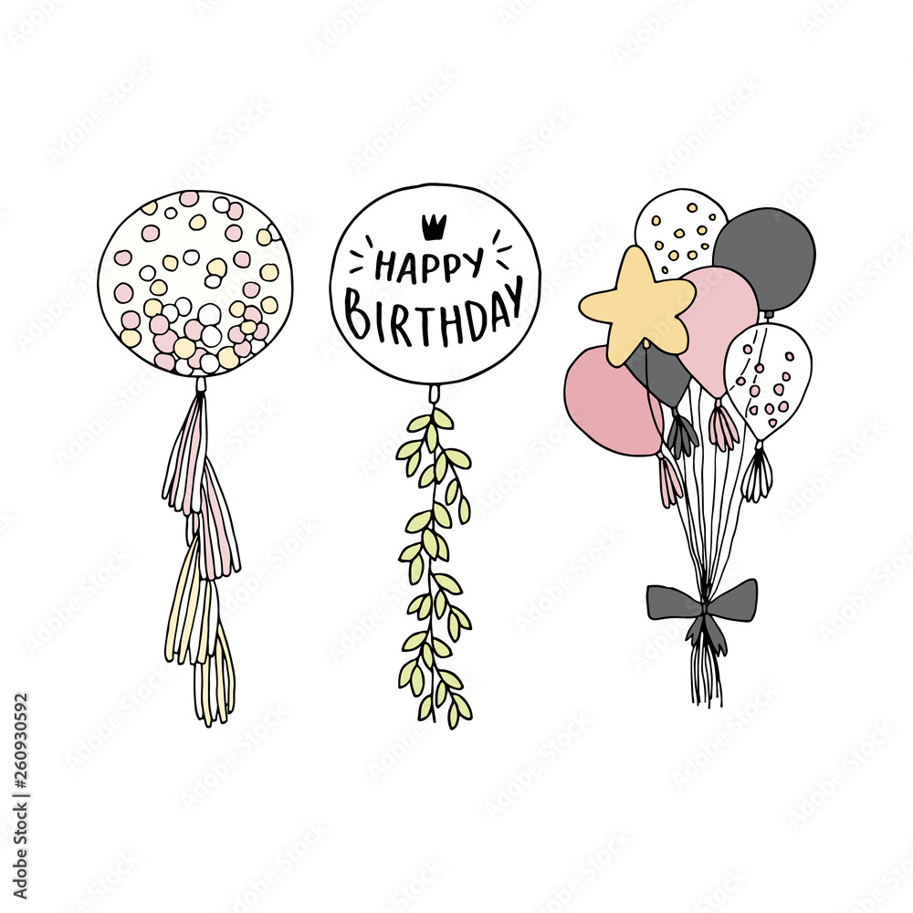 Isolated vector happy birthday object. Set includes, balloons, cake ...