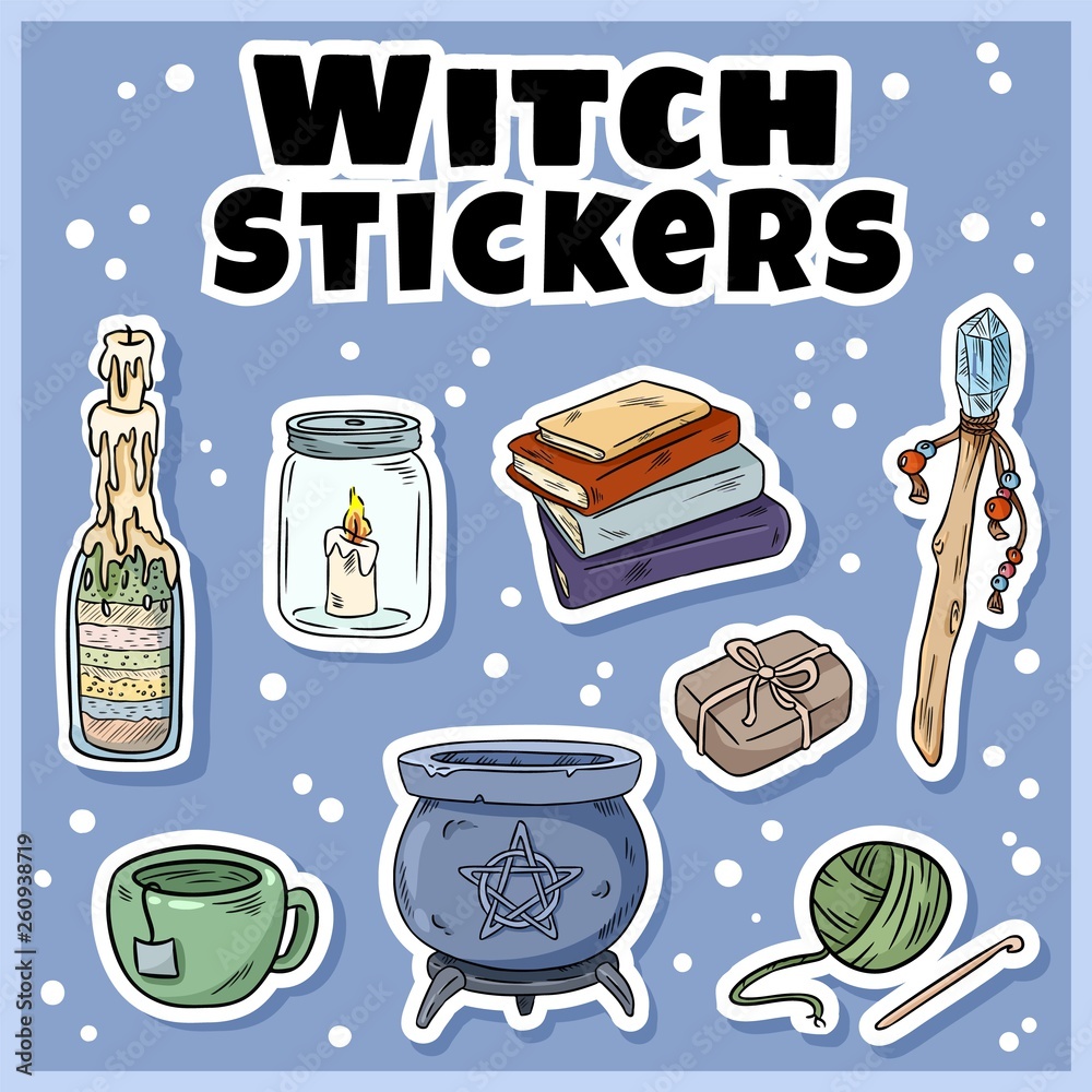Witch stickers set. Collection of witchcraft labels. Wiccan symbols ...