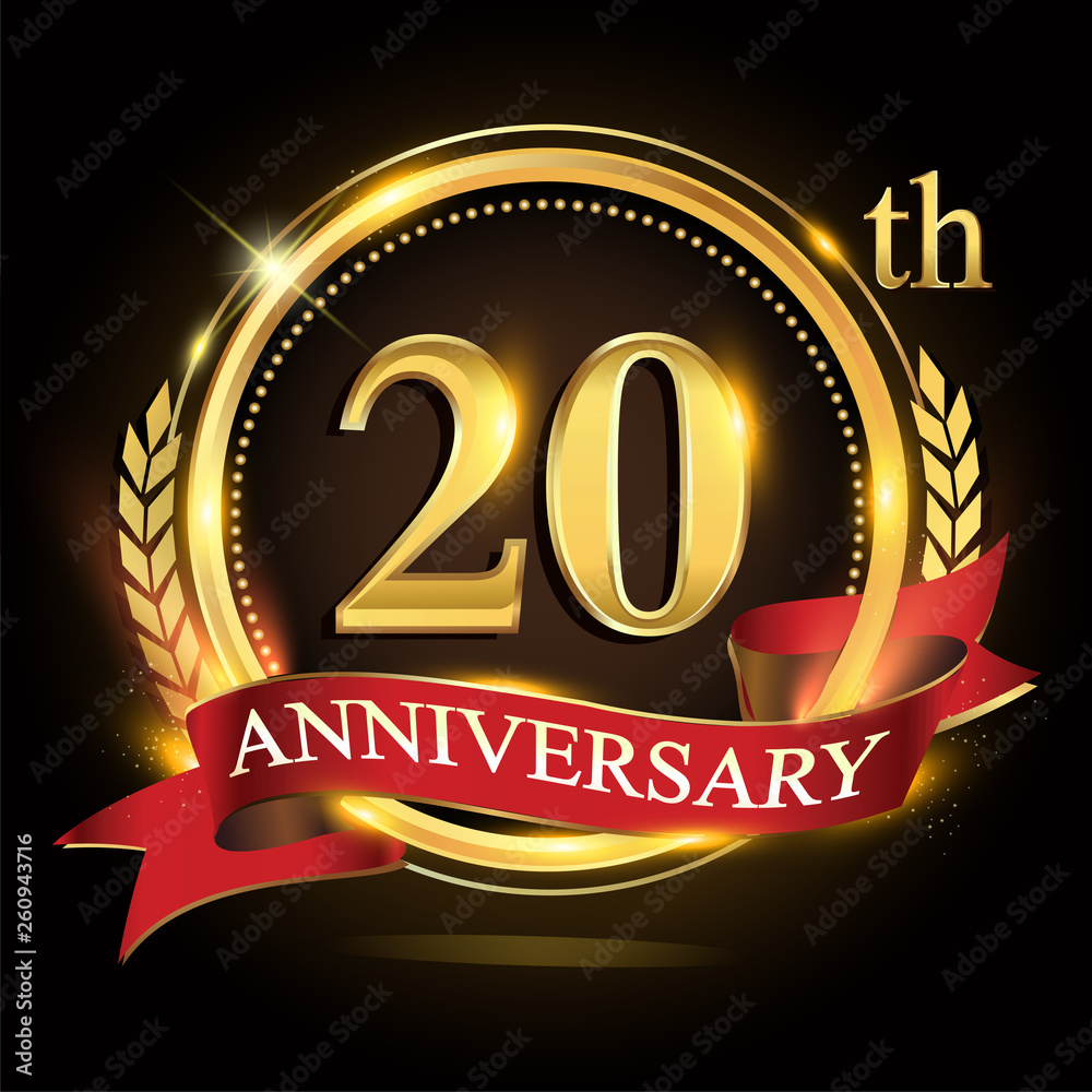 20th golden anniversary logo, with shiny ring and red ribbon, laurel ...