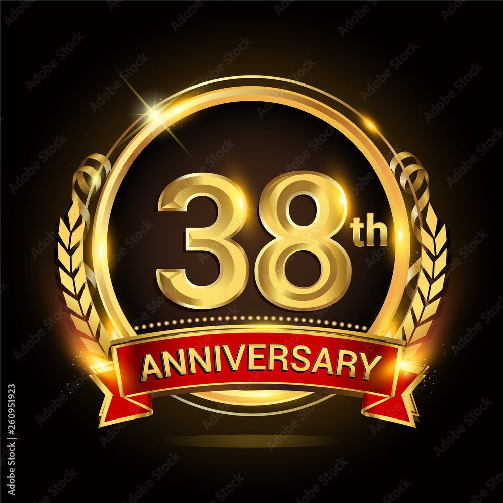38th golden anniversary logo, with shiny ring and red ribbon, laurel ...