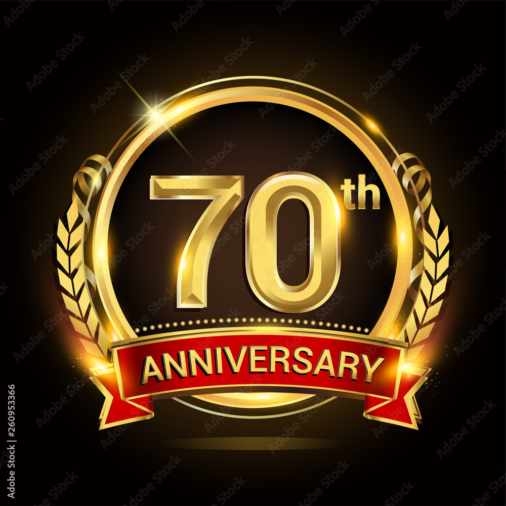 70th golden anniversary logo, with shiny ring and red ribbon, laurel ...
