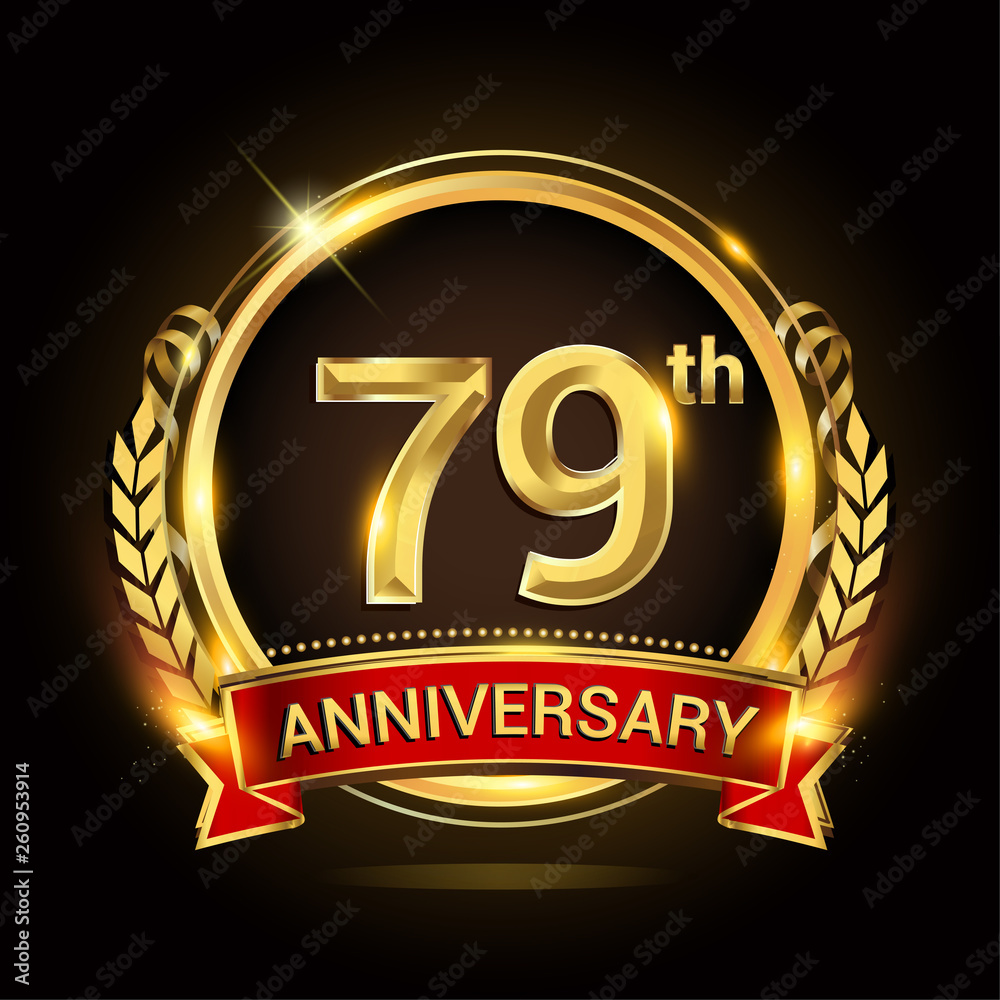 79th golden anniversary logo, with shiny ring and red ribbon, laurel ...