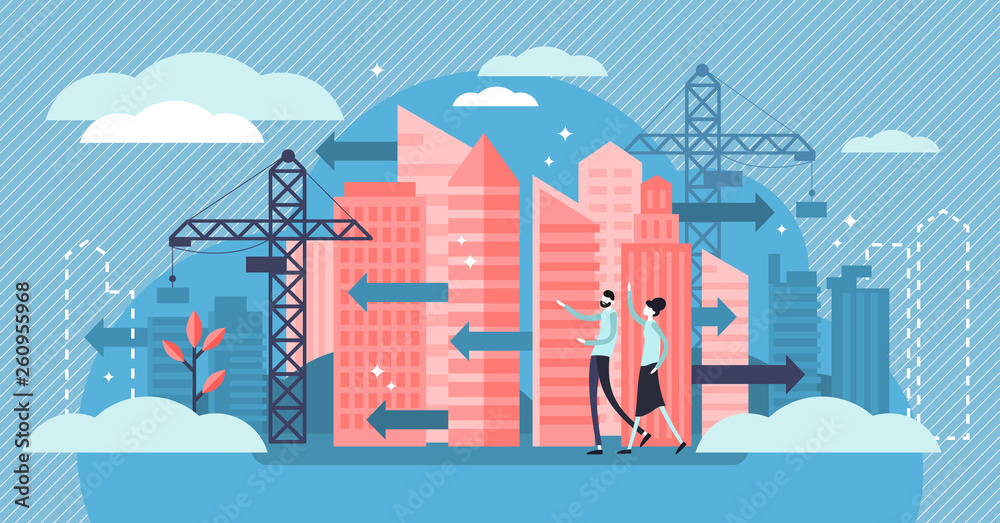 Urban Sprawl vector illustration. Tiny building construction person ...