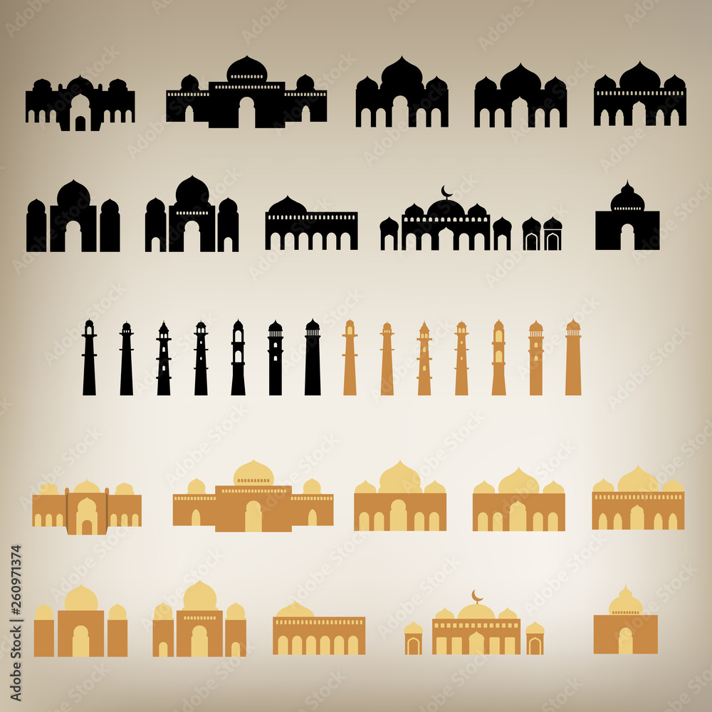 Set of Mosque silhouette mega pack with tower. Basic shape, editable ...