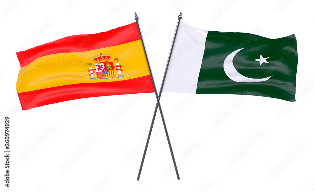 Spain and Pakistan, two crossed flags isolated on white background. 3d ...