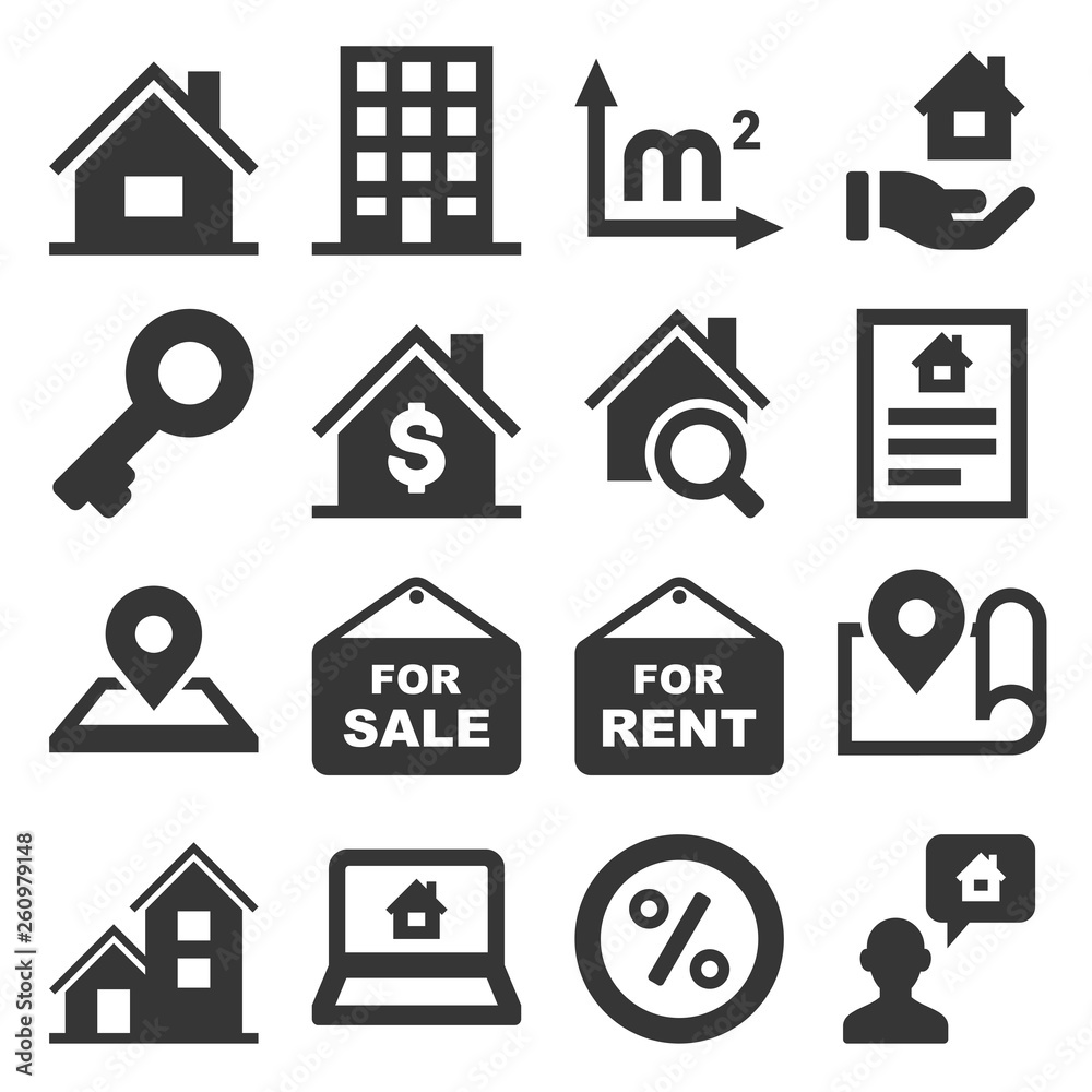 Real Estate Icons Set on White Background. Vector Stock Vector | Adobe ...