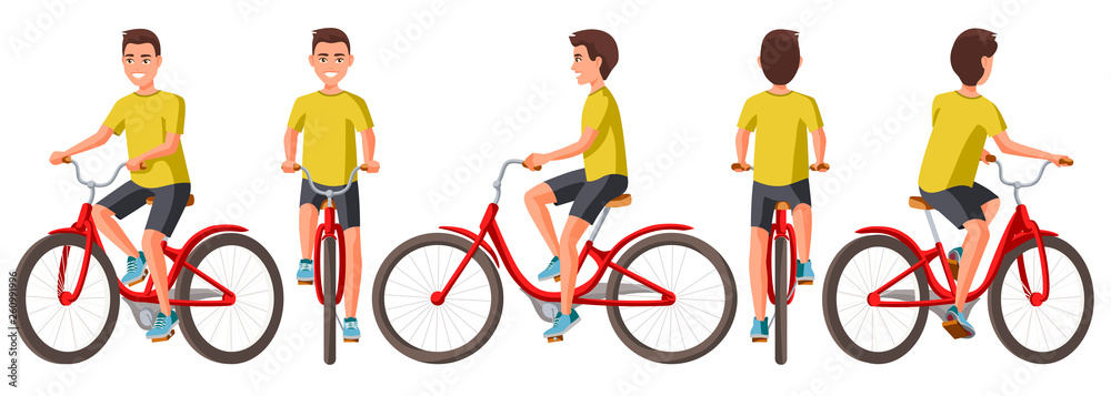 Vector illustration of young man in casual clothes riding bicycle ...