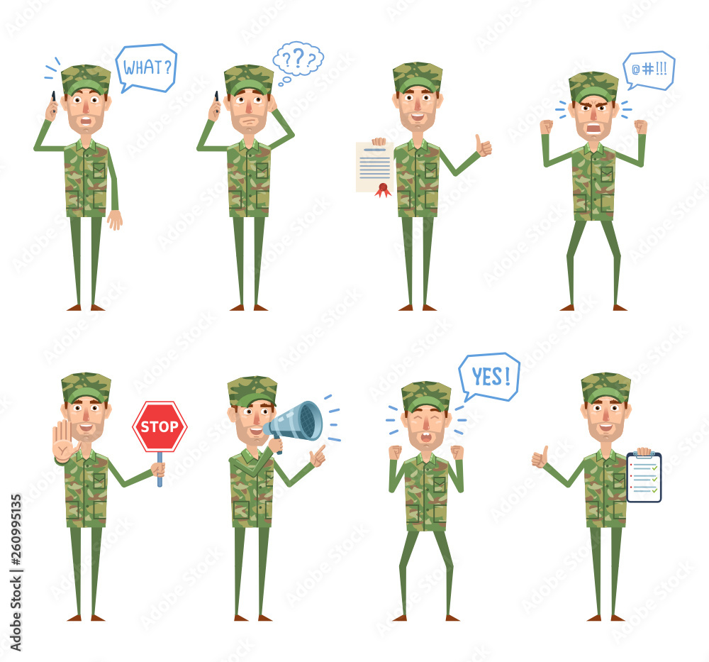 Set of military man characters posing in different situations. Cheerful ...