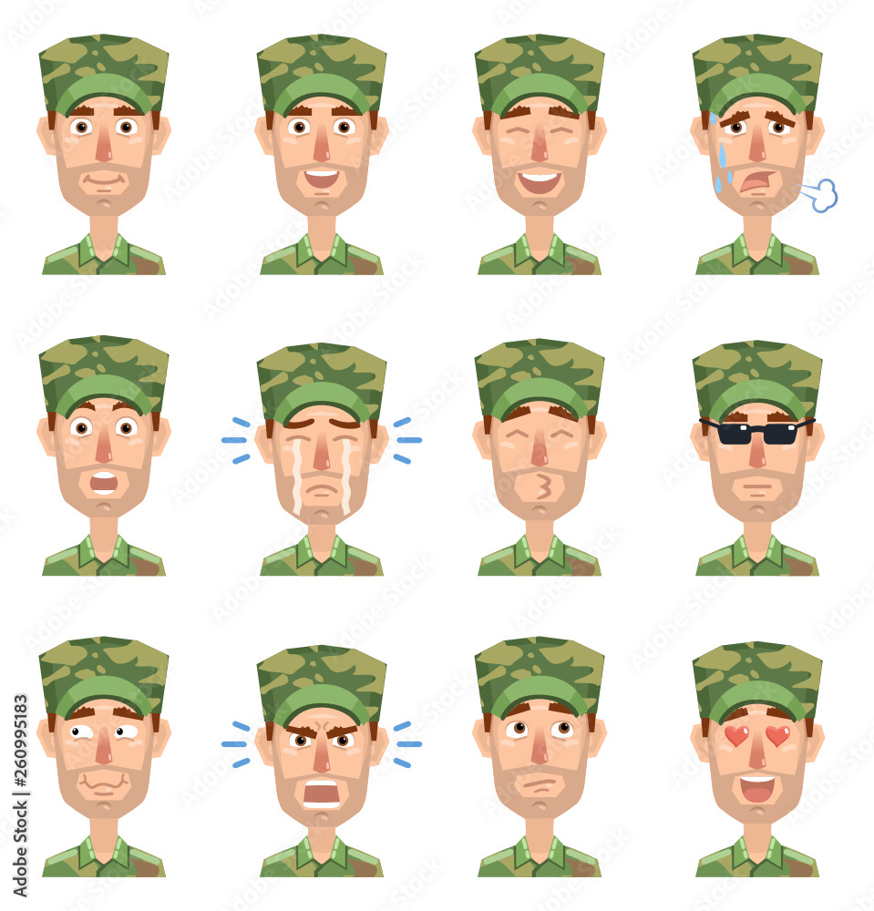 Set of military man emoticons. Soldier avatars showing different ...