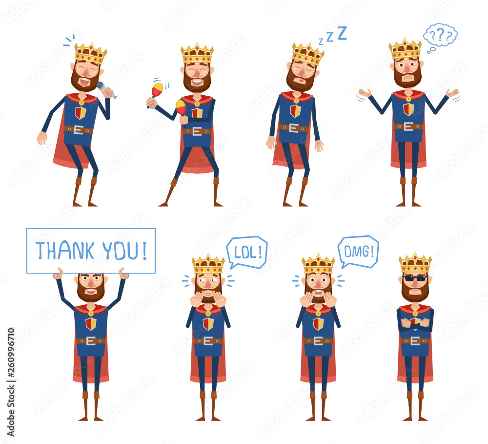 Set of king characters posing in different situations. Cheerful king ...