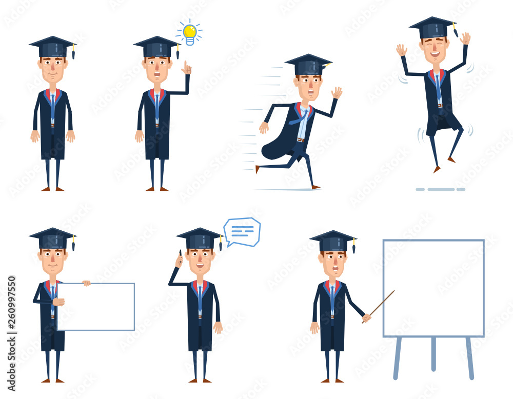 Set of graduate student characters posing in different situations ...