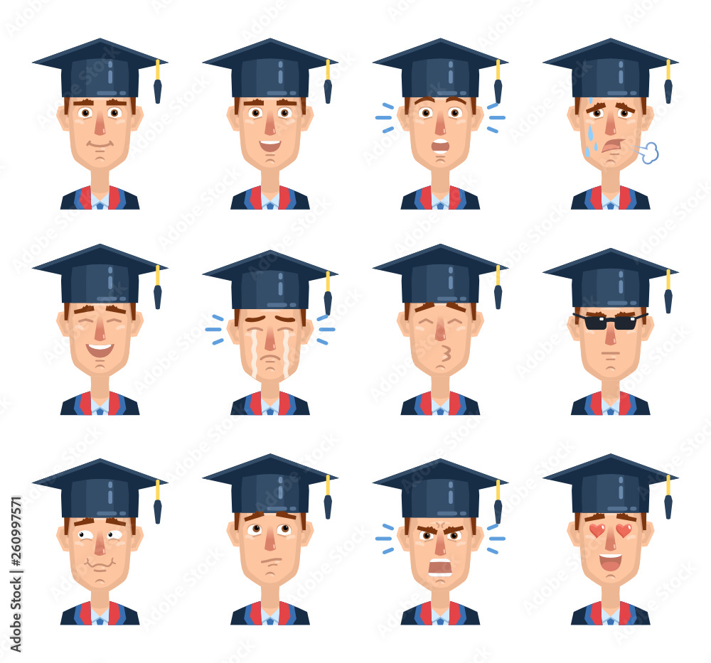 Big set of graduate student emoticons. Graduate student avatars showing ...