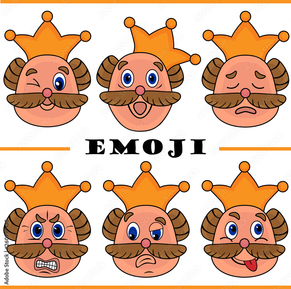 Set of emoji with kings . Smiley with yellow crown and mustaches ...