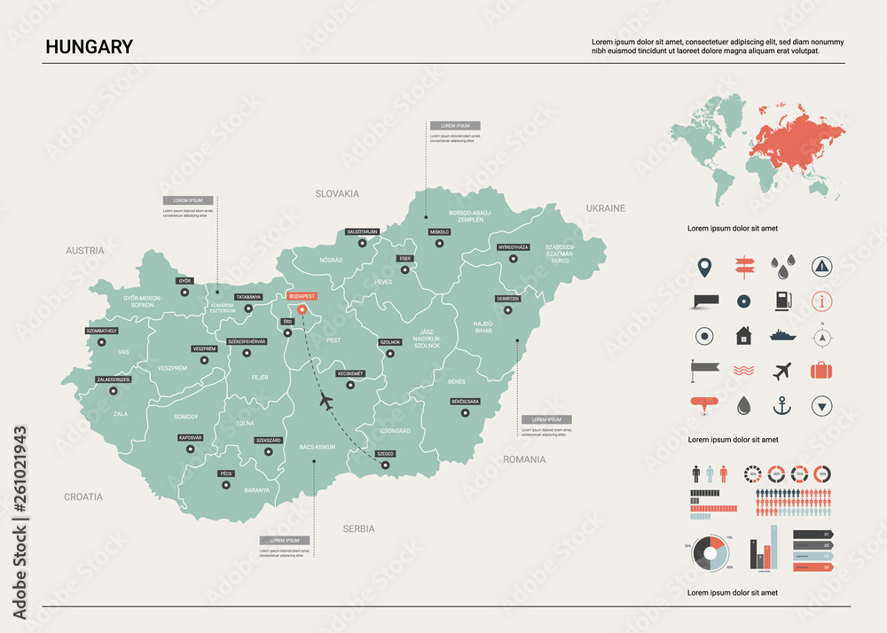Vector map of Hungary. High detailed country map with division, cities ...