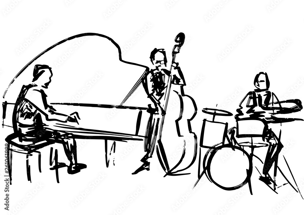 Jazz band: contrabass player, pianist and drummer. Performance on stage ...