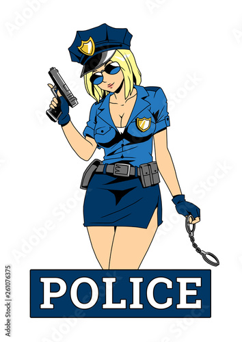 Police pin up girl with gun and handcuff, cartoon, character, vector ...