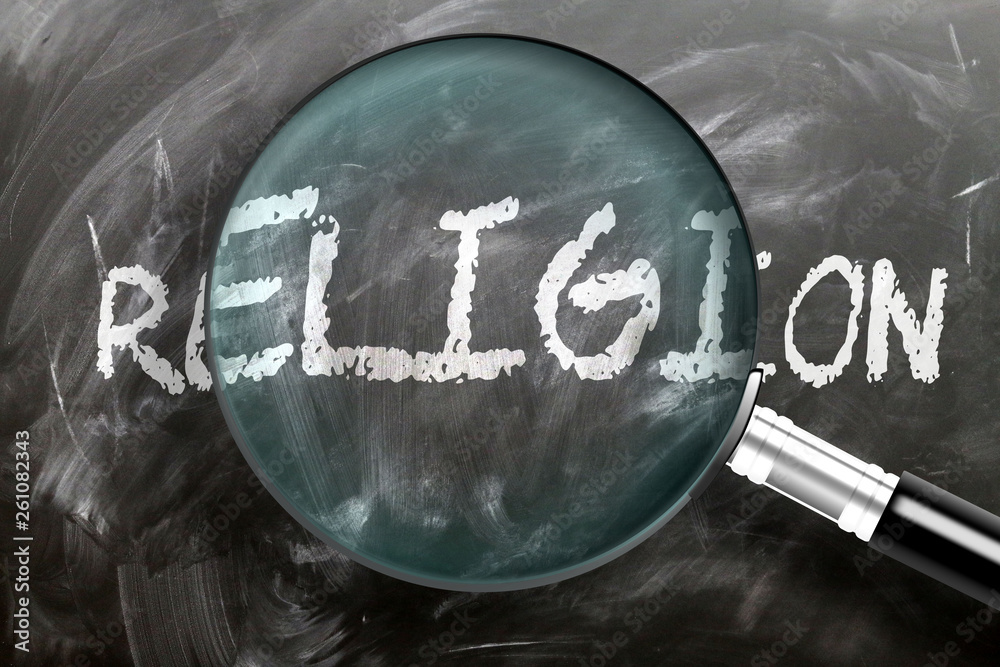 Learn, study and inspect religion - pictured as a magnifying glass ...
