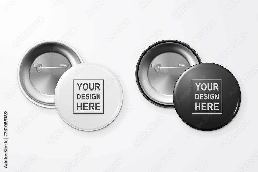 Vector 3d Realistic Black and White Blank Button Badge Closeup Isolated ...