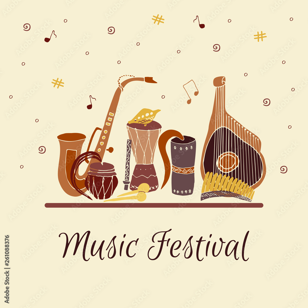 Card with hand drawn traditional Slavic, Ukrainian musical instruments ...