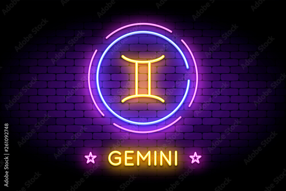 The Gemini zodiac symbol, horoscope sign in trendy neon style on a wall ...