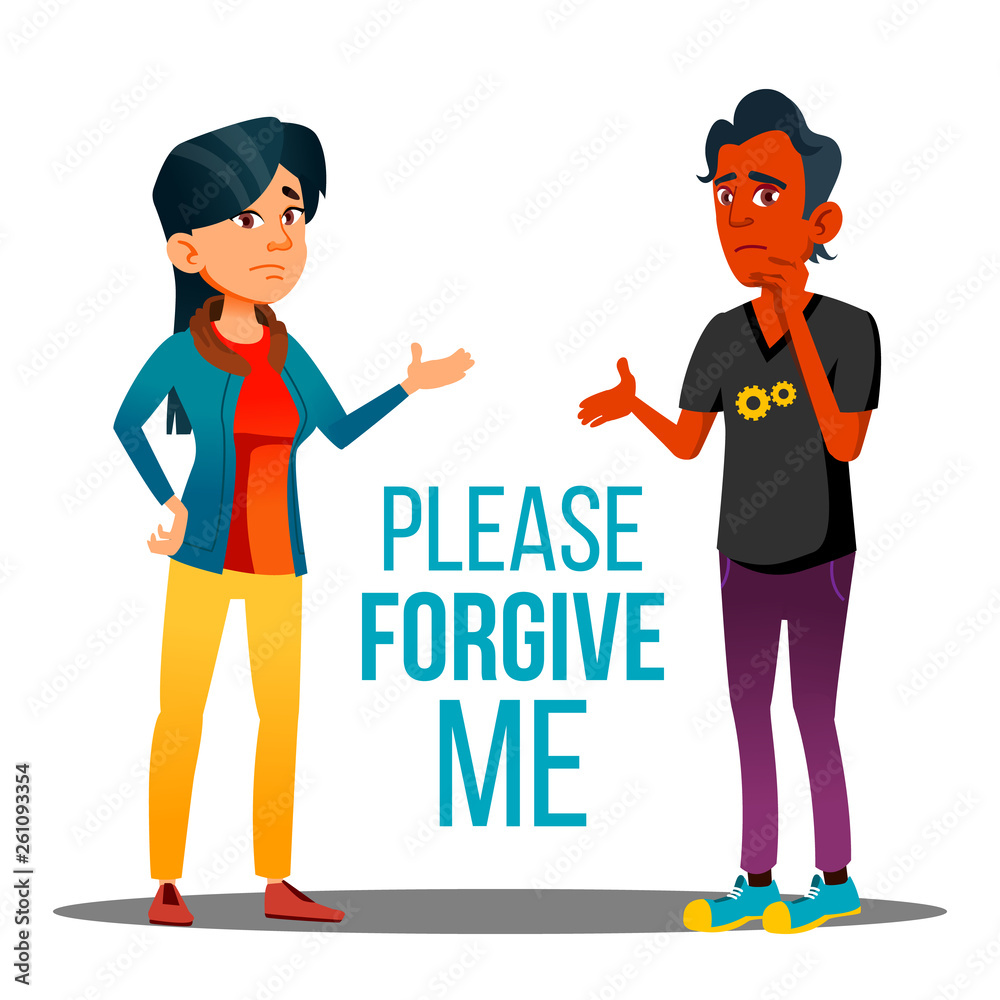 Man And Woman Asking Forgiveness Vector Cartoon Poster. Please Forgive ...