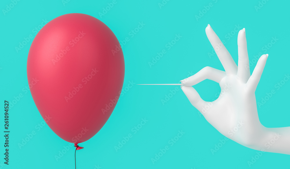 Pain relief concept, problem solution, needle hand and red balloon. 3d ...