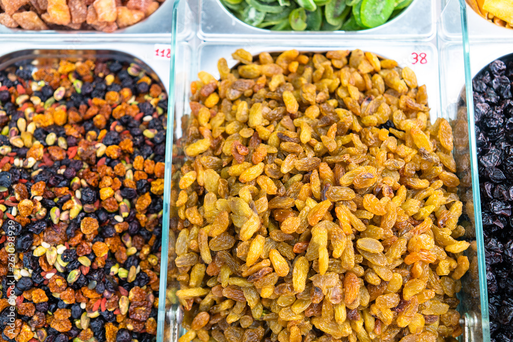 Golden raisins made from grapes and sold at the open air market place ...