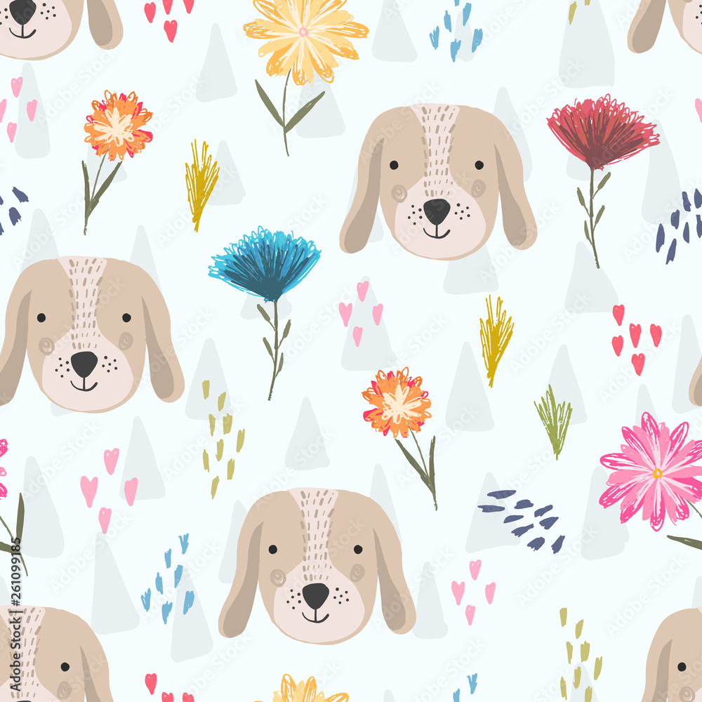 Cute seamless pattern with cartoon colorful dog heads, pink hearts and ...