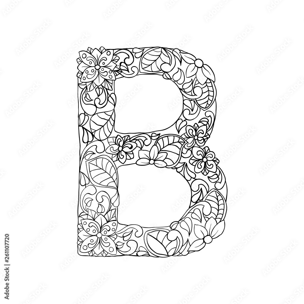Floral B letter contour illustration. Alphabet symbol with leaves ...