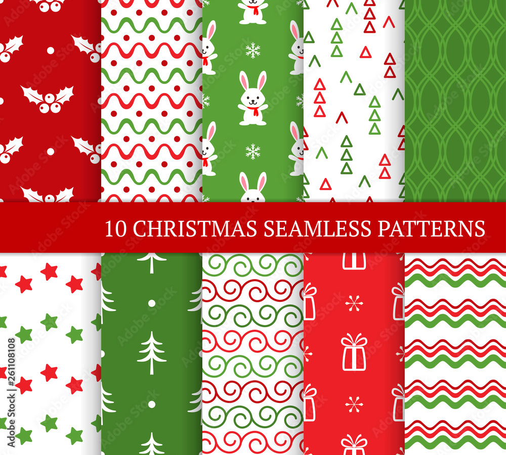 Ten Christmas different seamless patterns. Xmas endless texture for ...