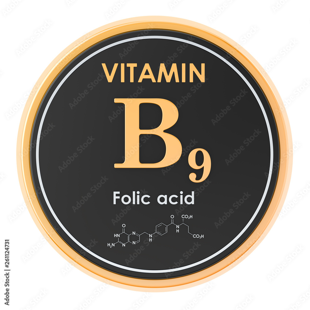 Vitamin B9, folic acid. Circle icon, chemical formula, molecular ...