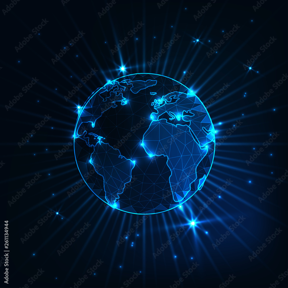 Futuristic glowing low polygonal planet earth globe with stars and rays ...