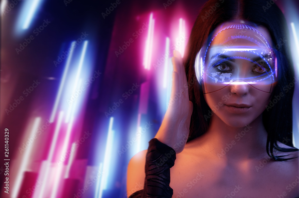 Beautiful Woman In Futuristic 3d Glasses With Virtual Projection Over