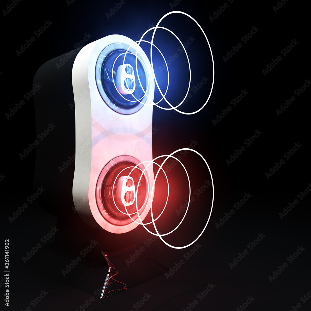 original concept art of stylized speakers with waves of glowing sound ...