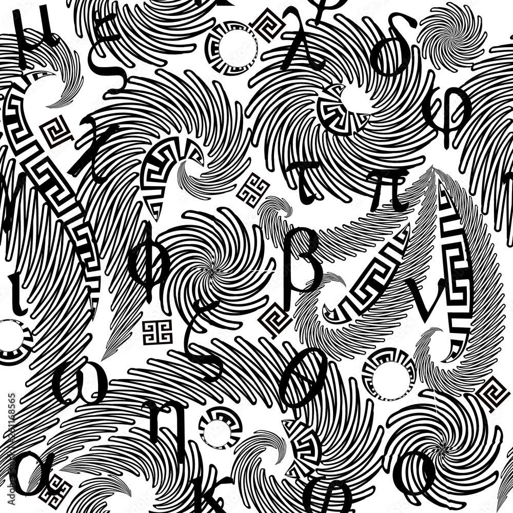 Ornamental creative greek letters vector seamless pattern. Black and ...