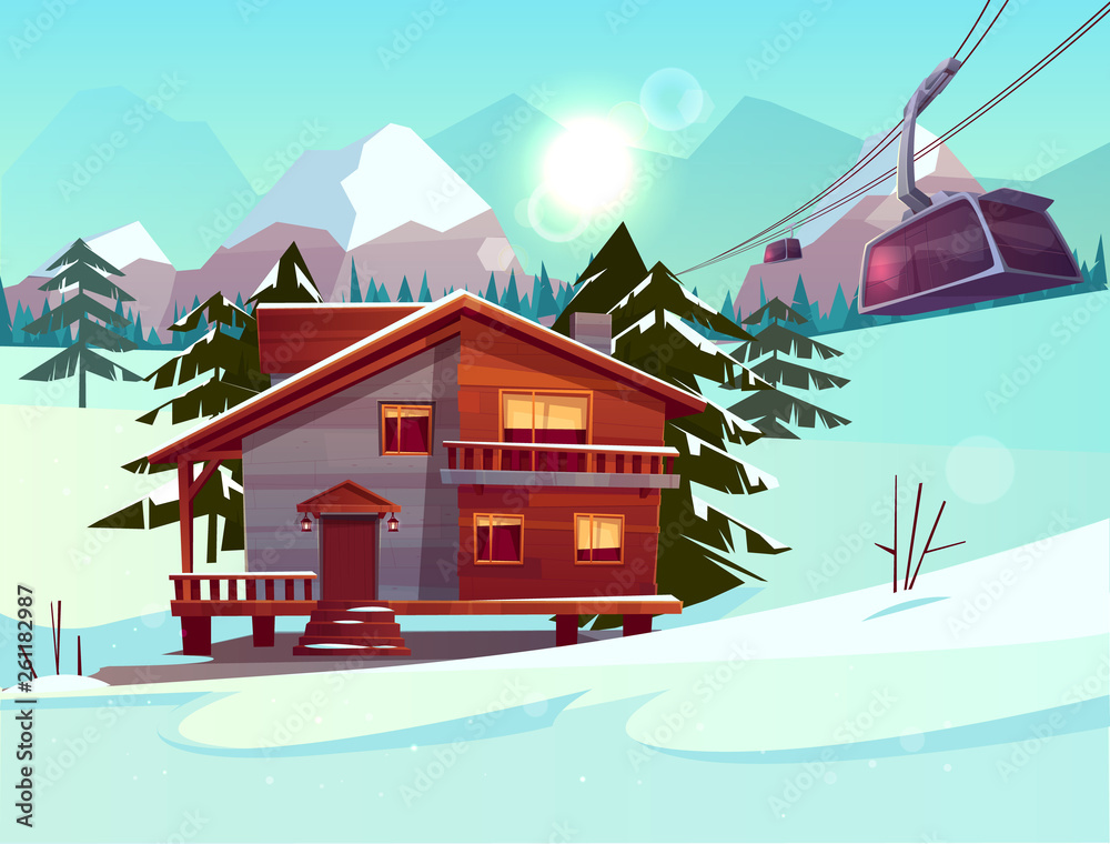 Ski resort with house or chalet, funicular cabin lifting on cableway ...