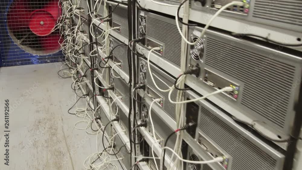 White cool server room for bitcoins mining farms with tens of rows of ...