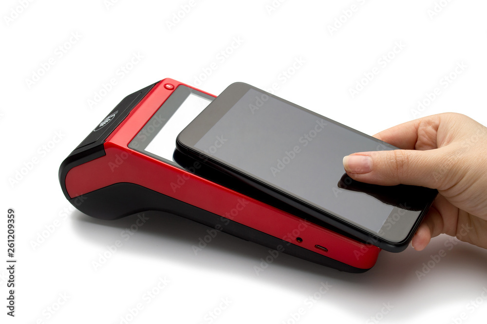 Customer paying contactless with smartphone on POS. Mobile smart ...