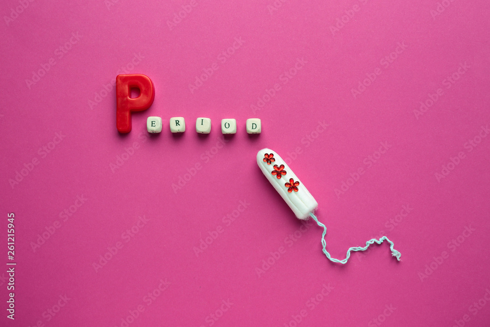 Tampon and word PERIOD on color background. Menstruation concept Stock ...